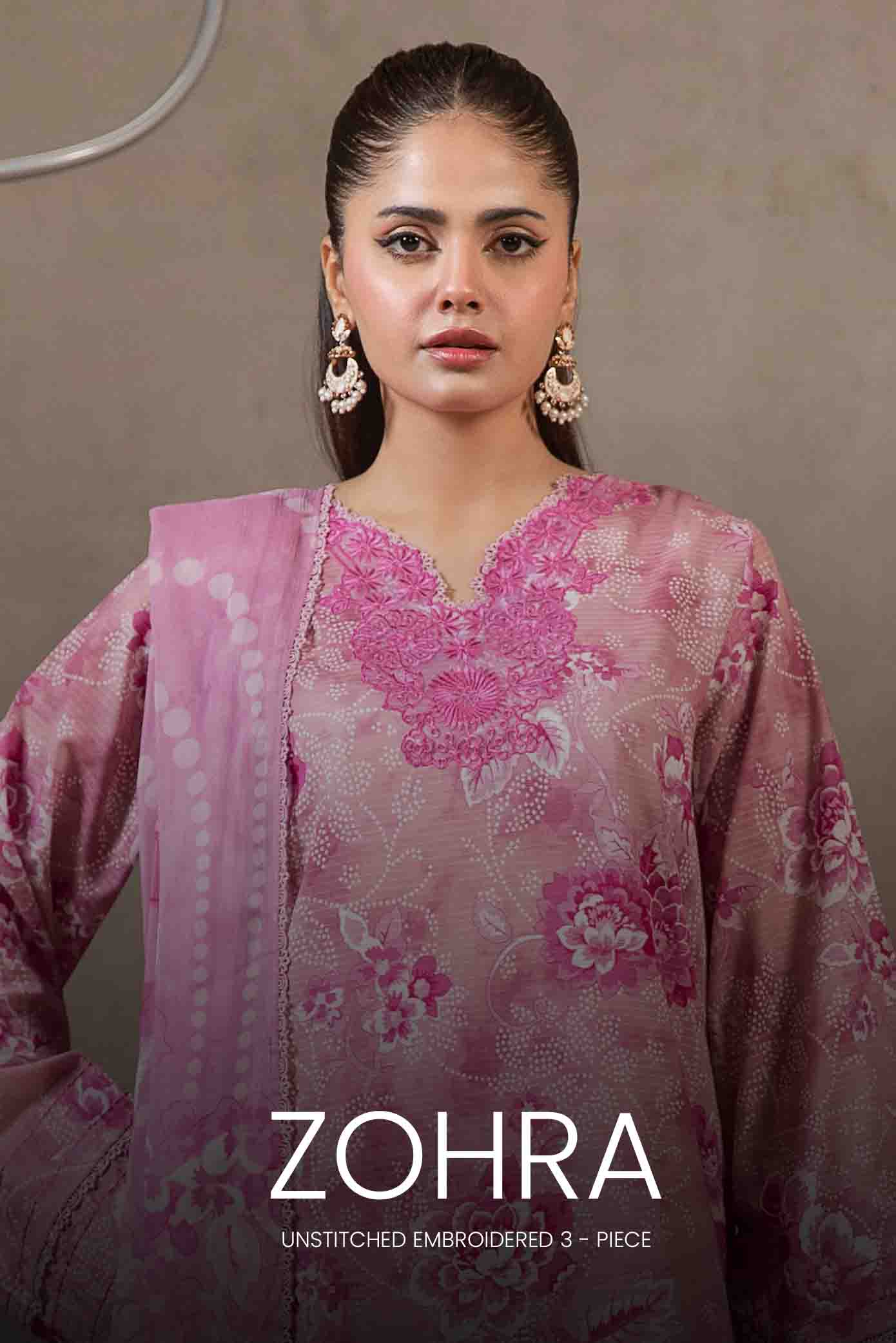 ZOHRA 3-Piece Unstitched Digital Printed Lawn Embroidered Suit-Brenish